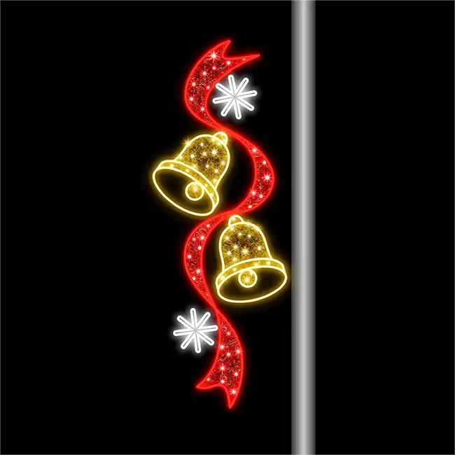 Giant Pre-Lit LED Ribbons and Bells Pole Mount 2D Wire Frame Decor ...